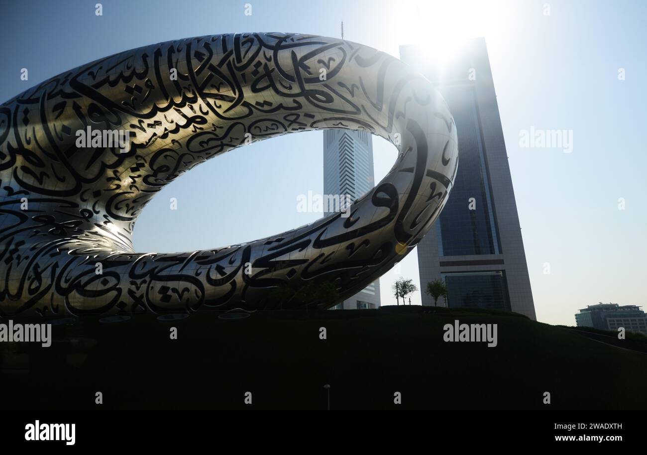 Museum of the Future with the Jumeirah Emirates Towers behind it. Dubai ...