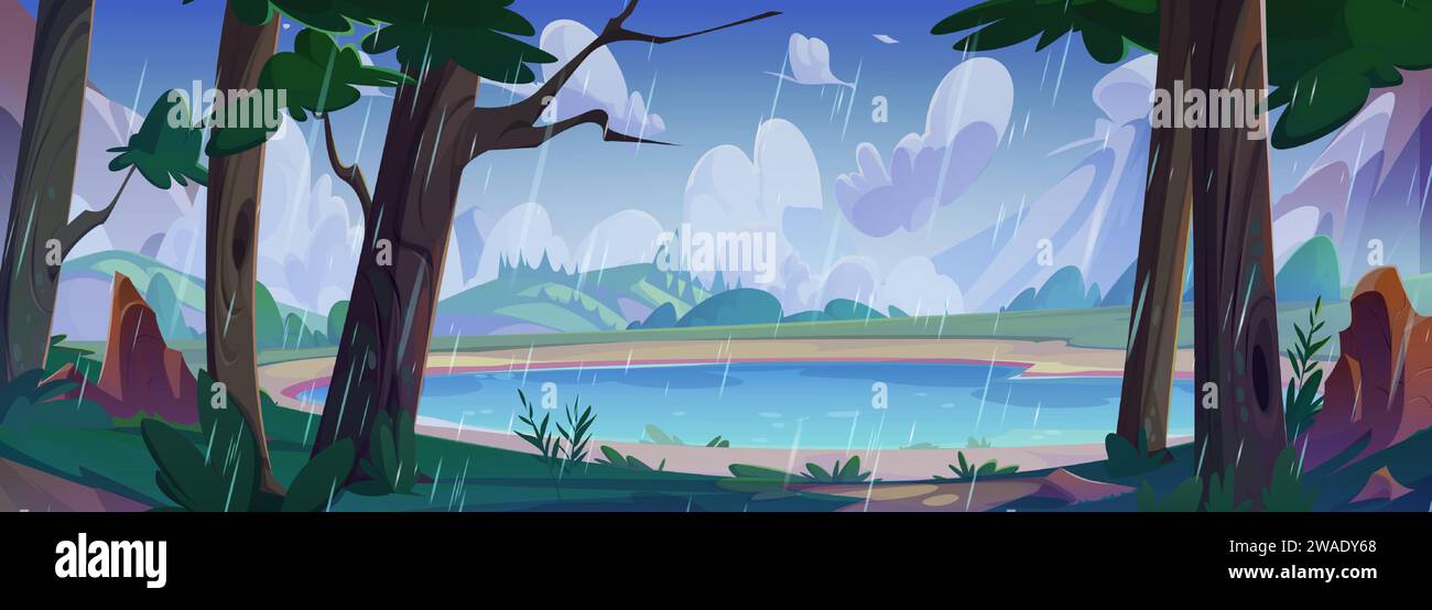 Rainy weather in mountain valley with lake. Vector cartoon illustration ...
