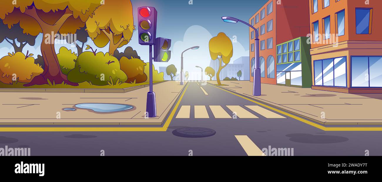 Autumn city street with road crossing and park. Vector cartoon ...