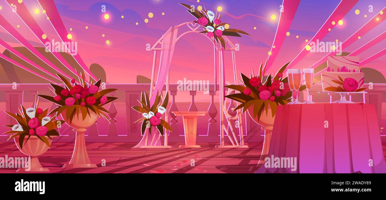 Wedding ceremony scene on sunset sea beach. Vector cartoon illustration ...