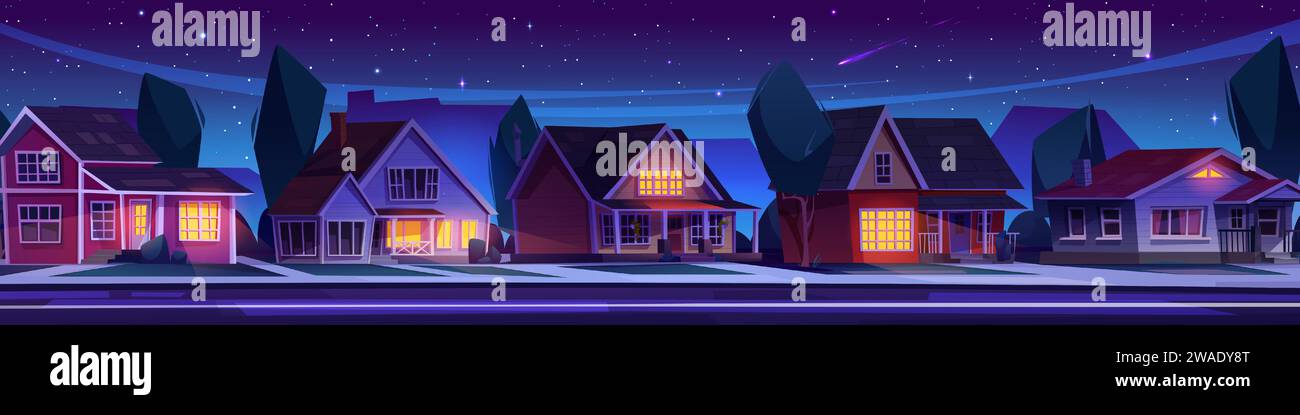 Night dark suburban landscape with house in row on street with light in ...