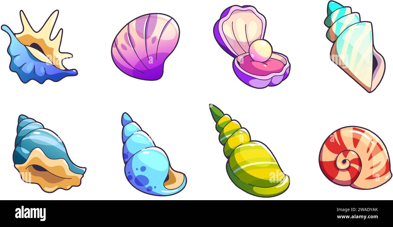 Sea shell and vessels game assets set. Cartoon vector illustration ...