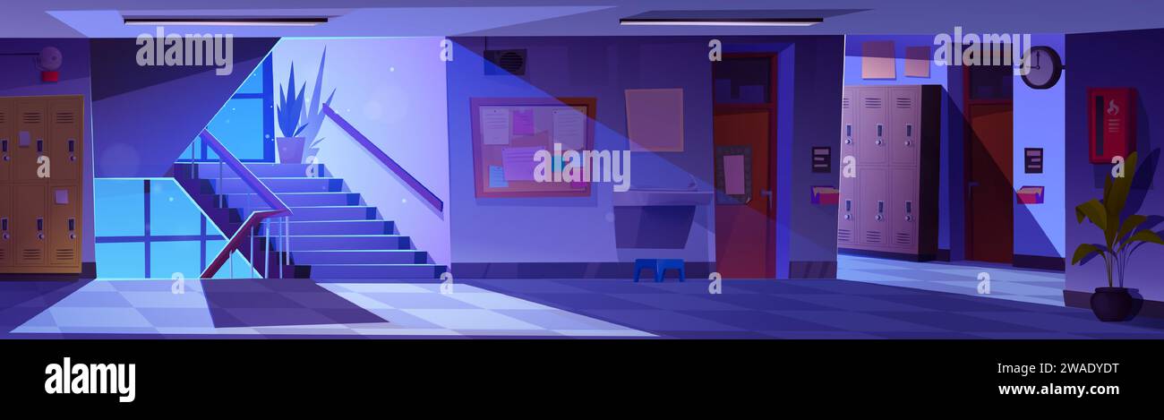 Empty school hallway at night in moonlight. Cartoon vector dark ...