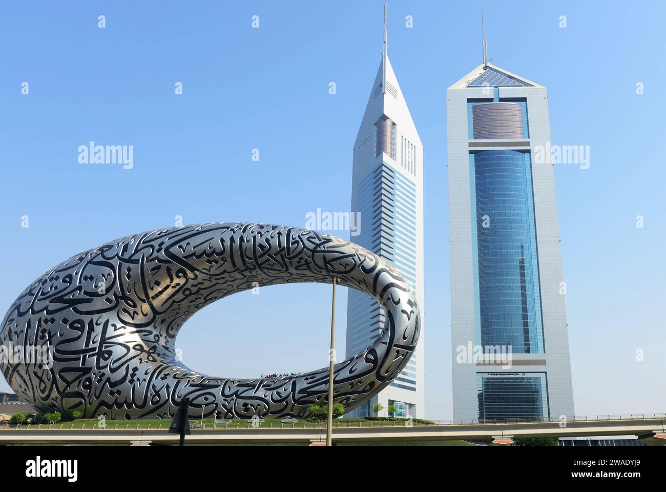 Museum of the Future with the Jumeirah Emirates Towers behind it. Dubai ...