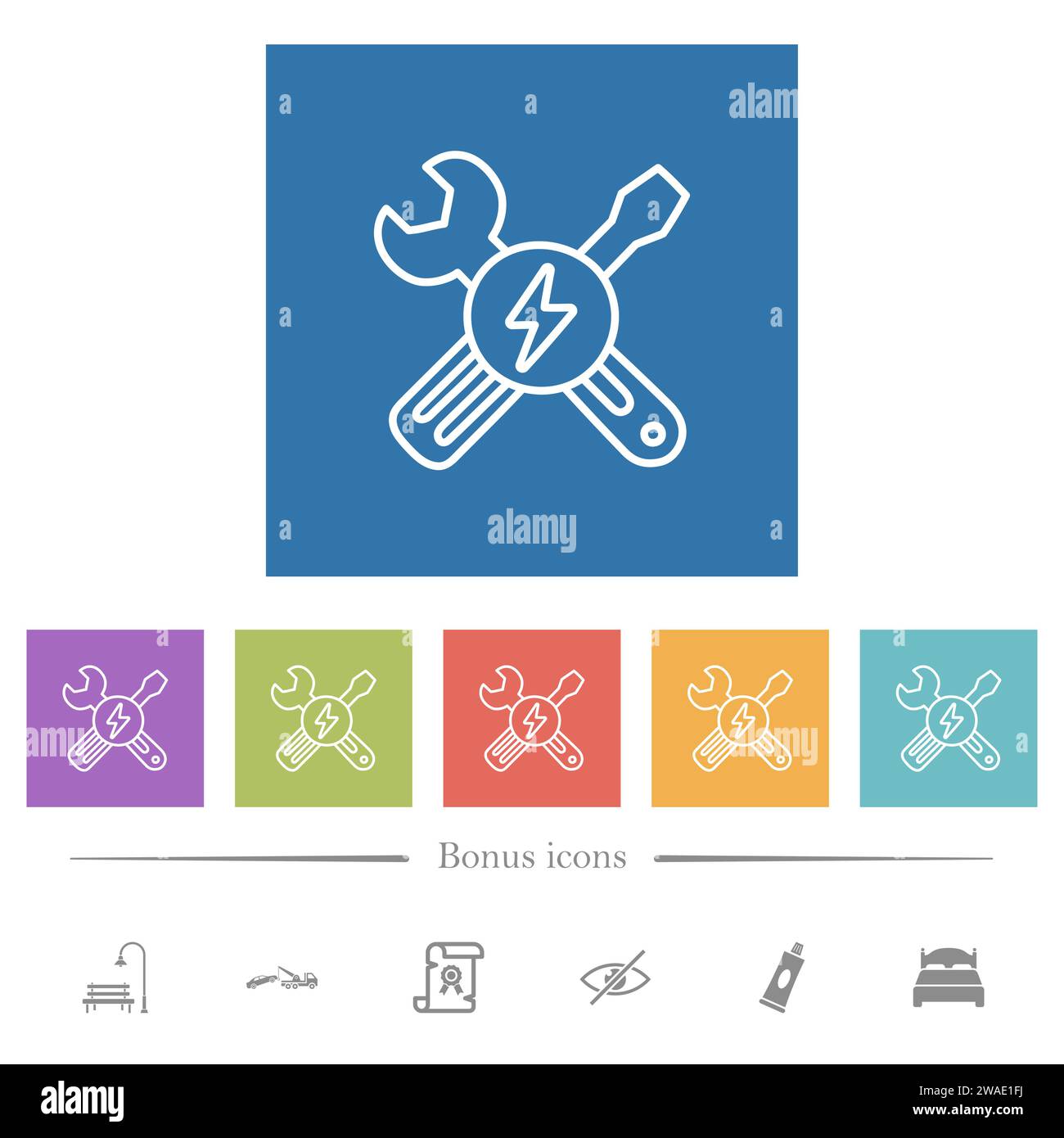 Electric maintenance outline flat white icons in square backgrounds. 6 ...