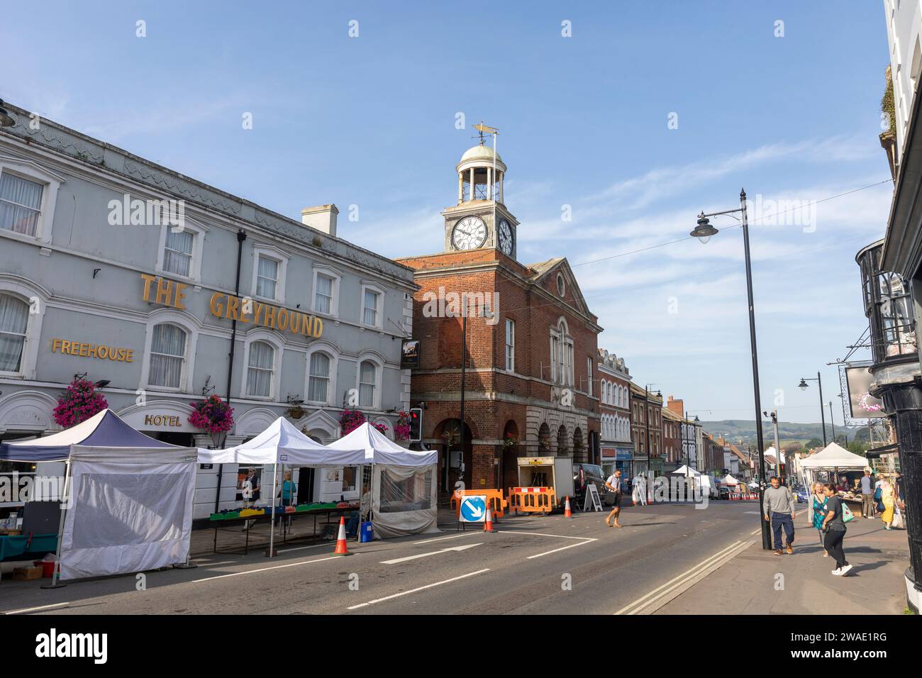 Bridport Dorset, town centre with the Greyhound hotel and pub, market ...