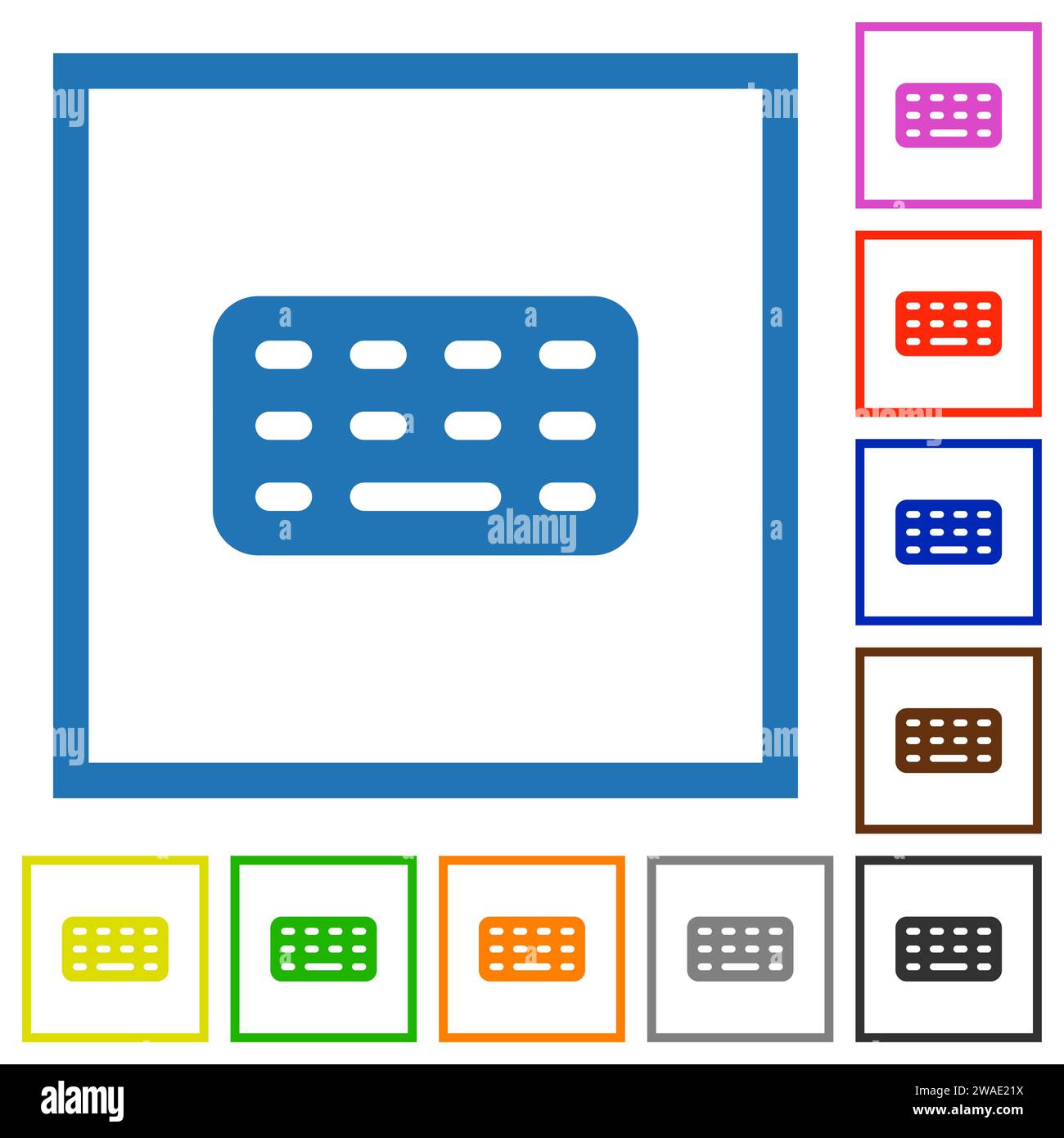 Computer keyboard flat color icons in square frames on white background ...