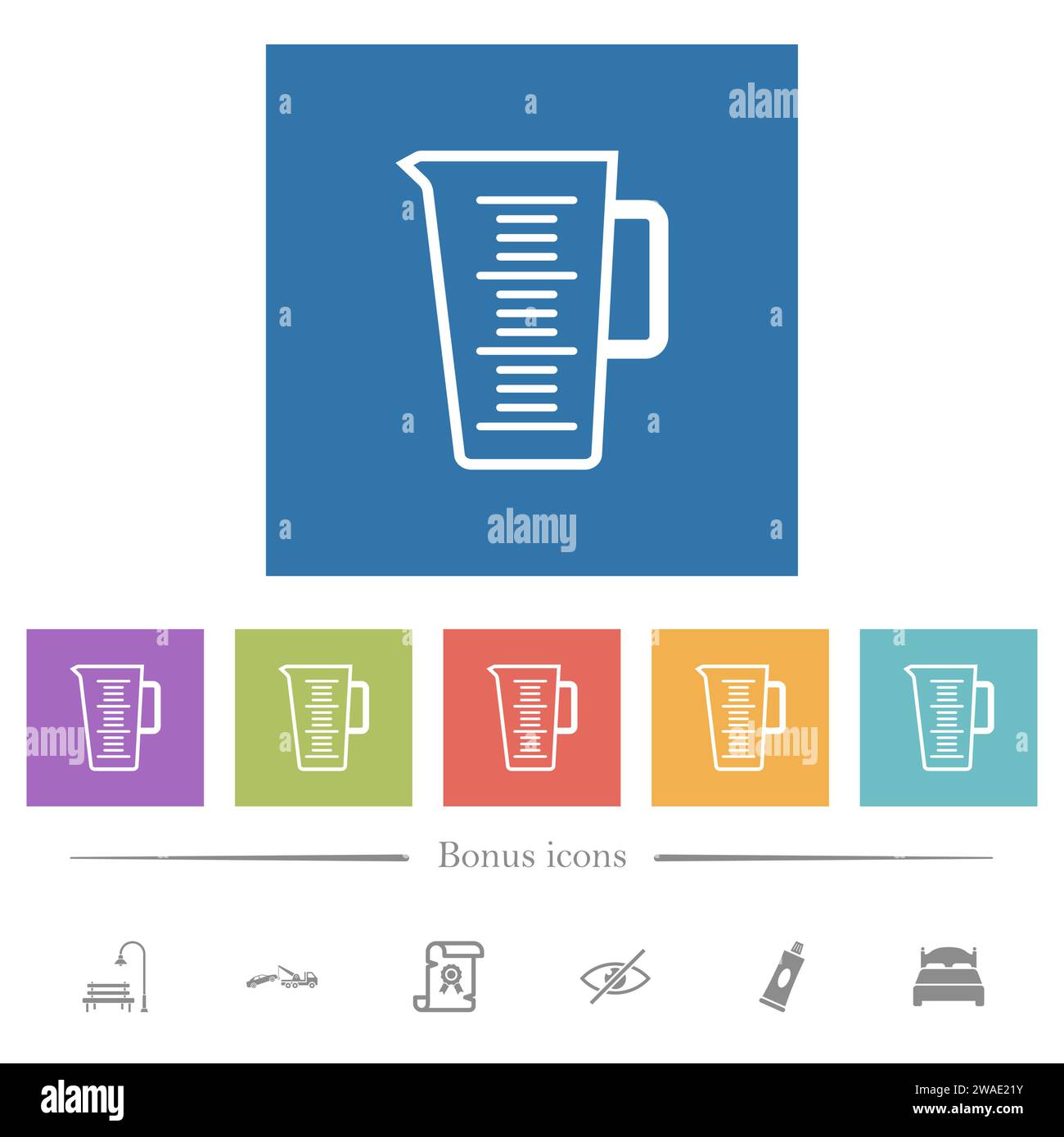 Measuring cup outline flat white icons in square backgrounds. 6 bonus ...