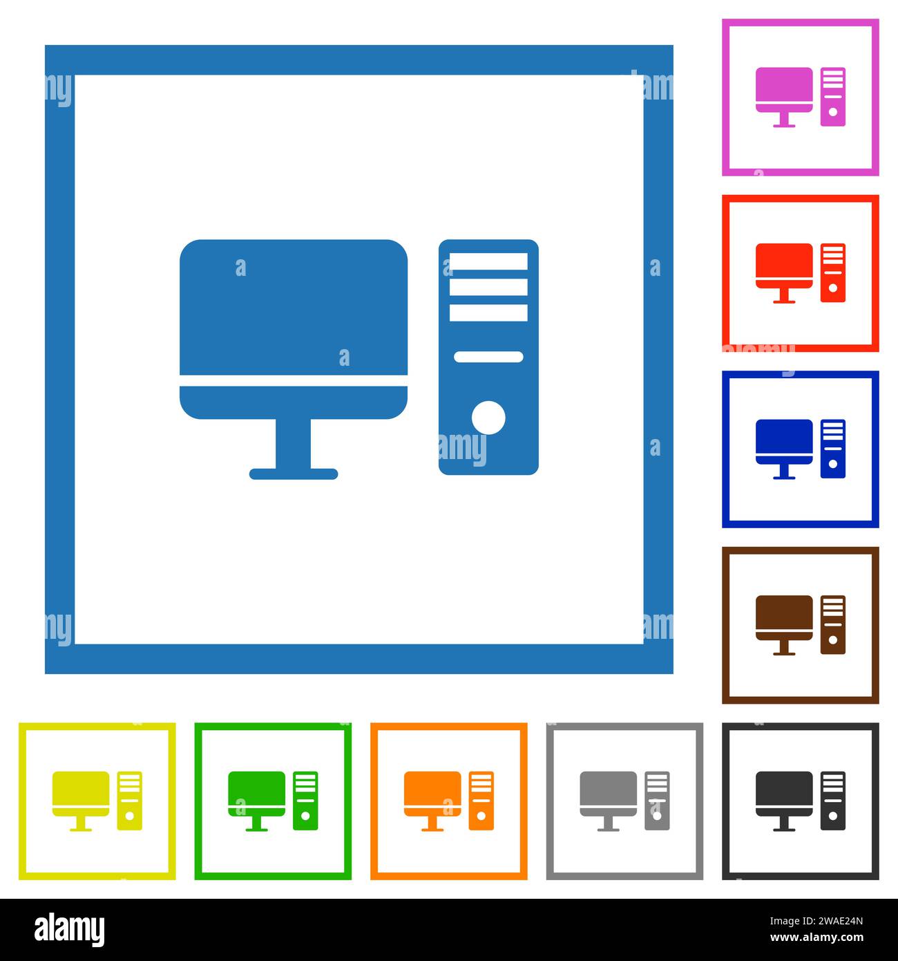 Desktop computer workstation flat color icons in square frames on white ...