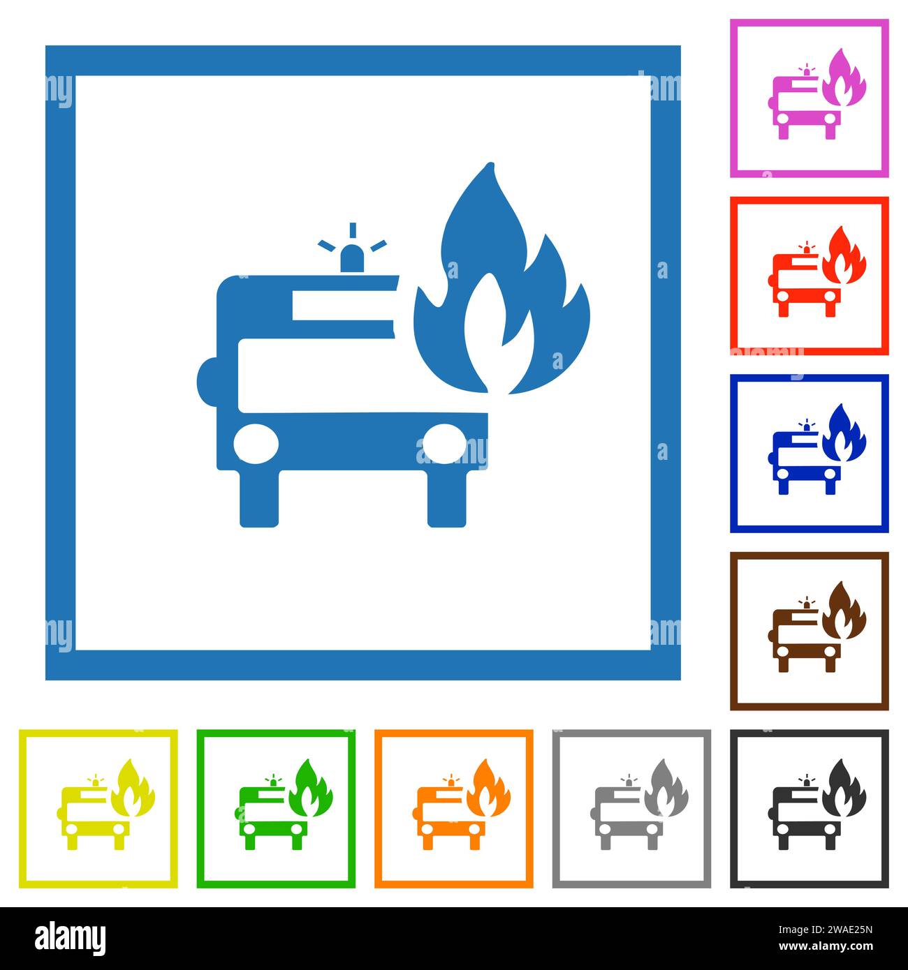 Fire engine with flame flat color icons in square frames on white ...