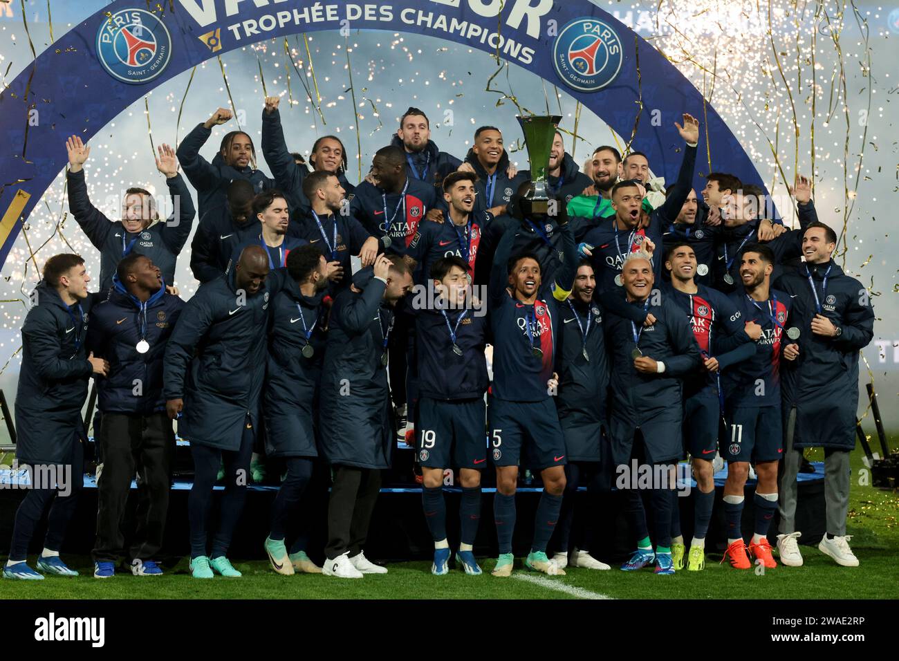 Paris, France. 03rd Jan, 2024. Captain Marquinhos of PSG, Kylian Mbappe ...