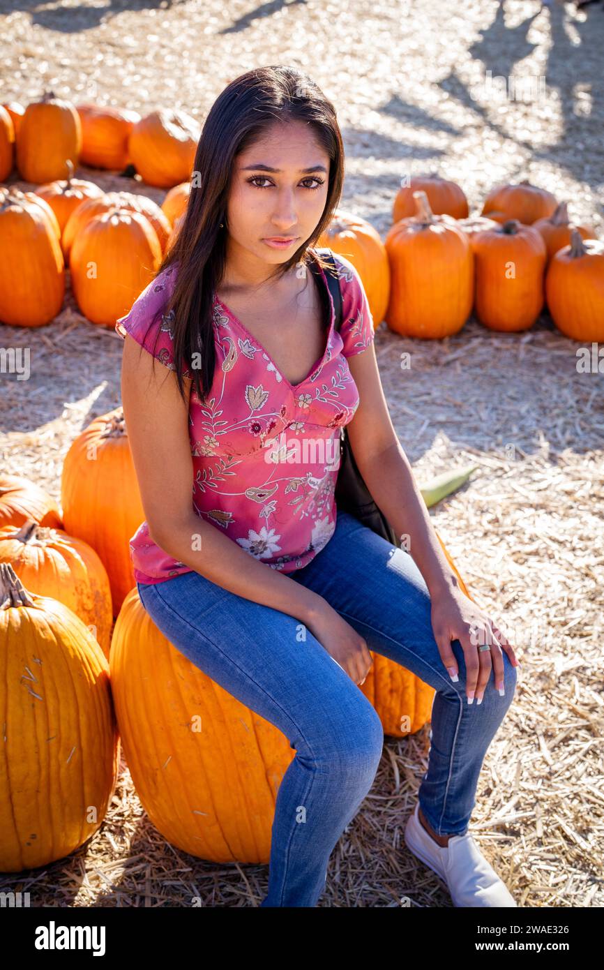 Teen Asian Girl Female Sitting on Large Pumpkin Patch Farm Denim Purse ...