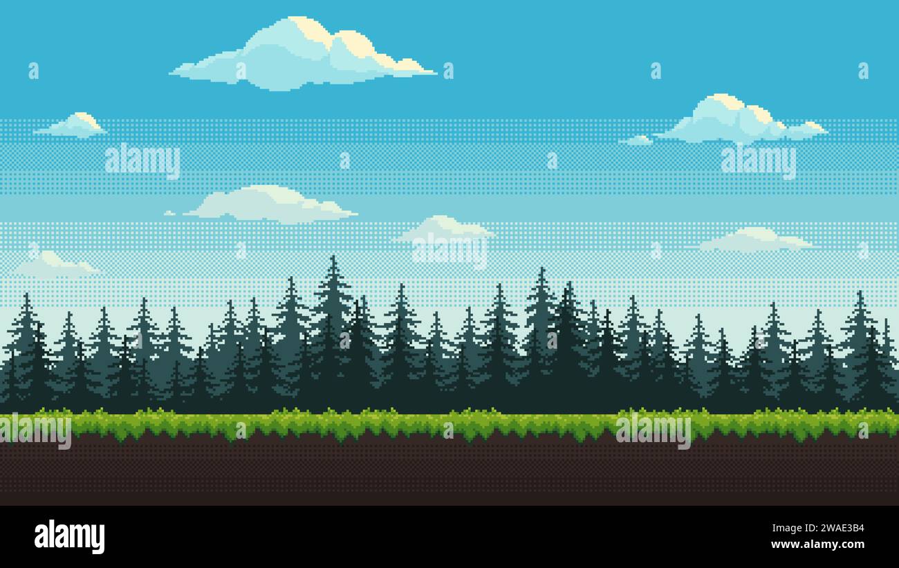 Forest pixel background. 2d pixel video game daytime with green grass ...