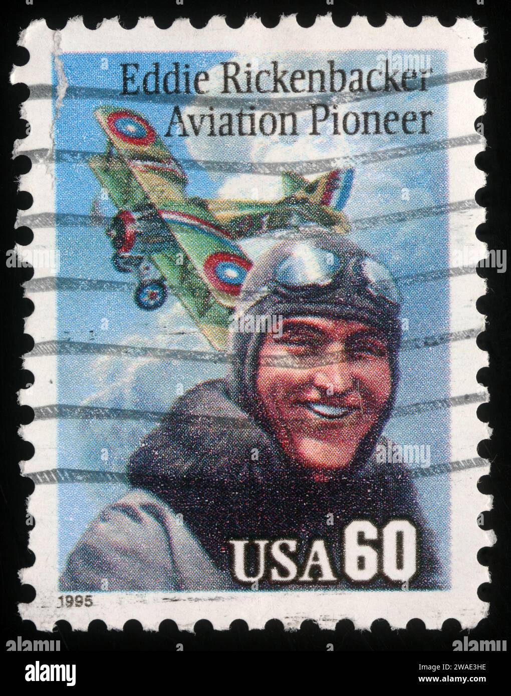 A post stamp printed in USA shows portrait of Aviation pioneer Eddie ...