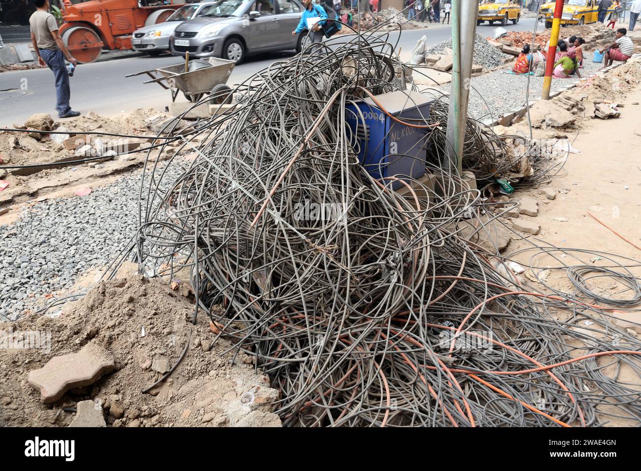 Maze of chaotic electricity cables in a street of Kolkata, India Stock ...