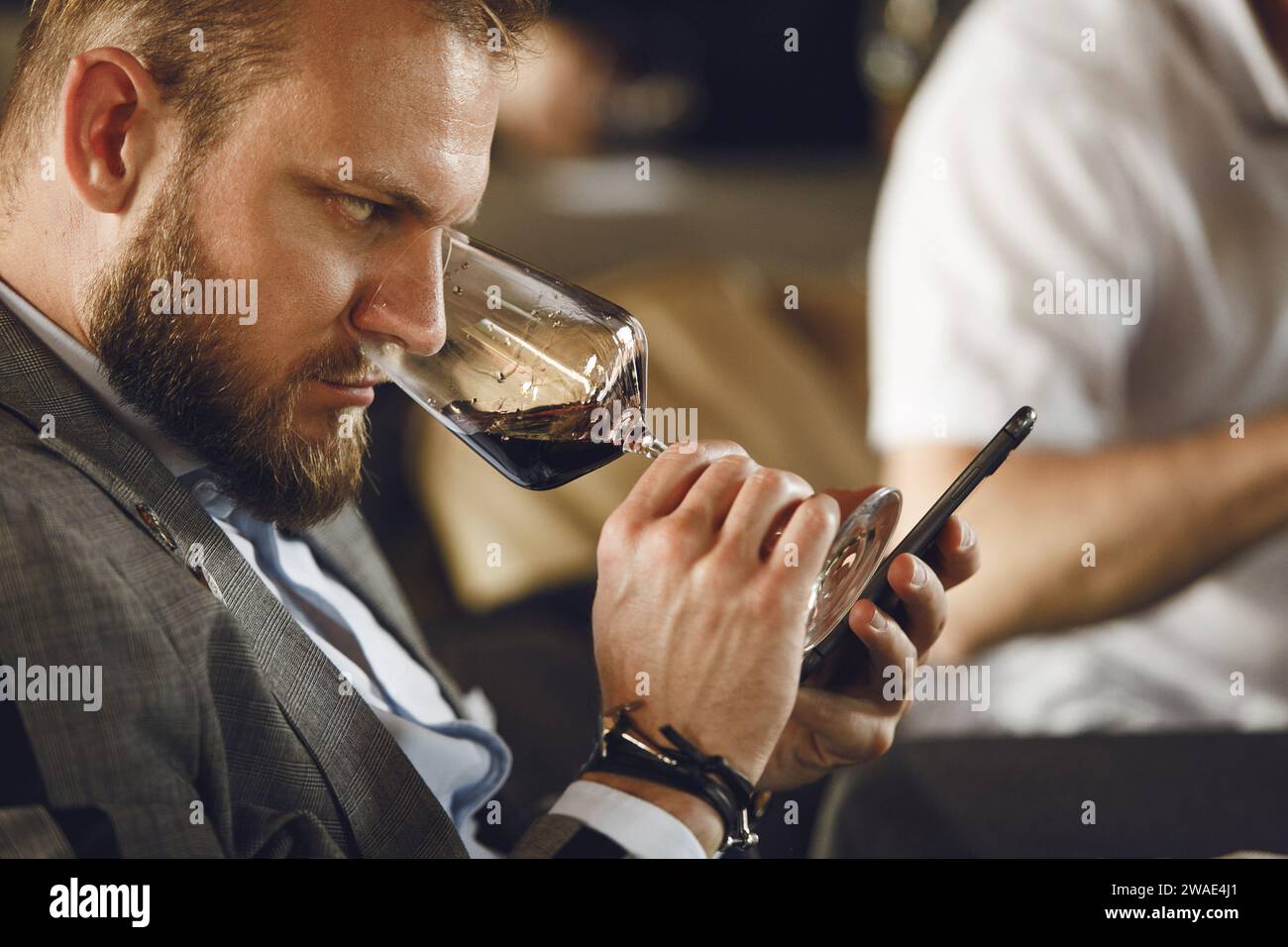 Sommelier degustate wine. Blind wine tasting. Training of restaurant ...