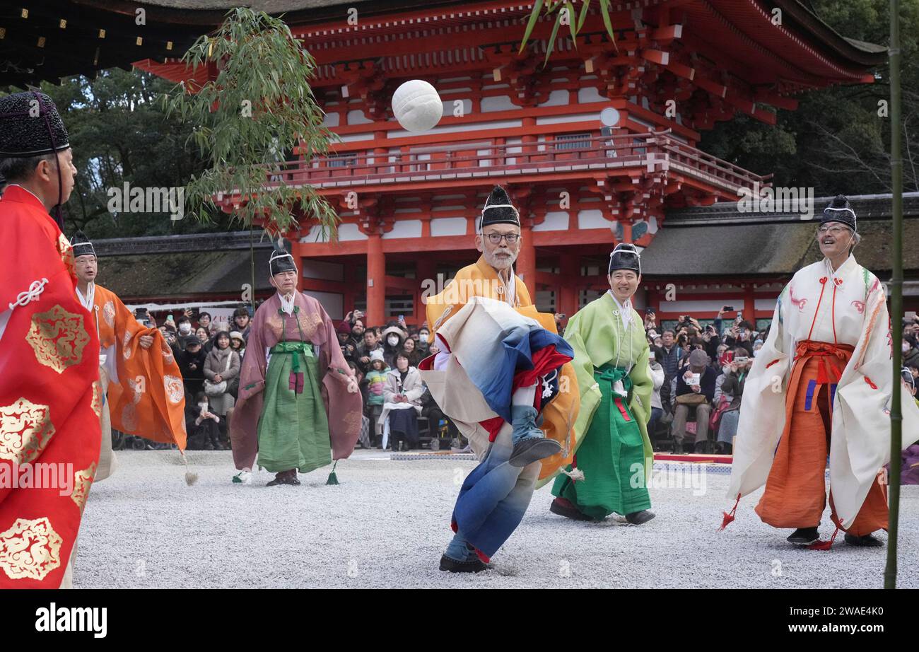 Members in Japanese traditional costume of Kemari preservation group ...