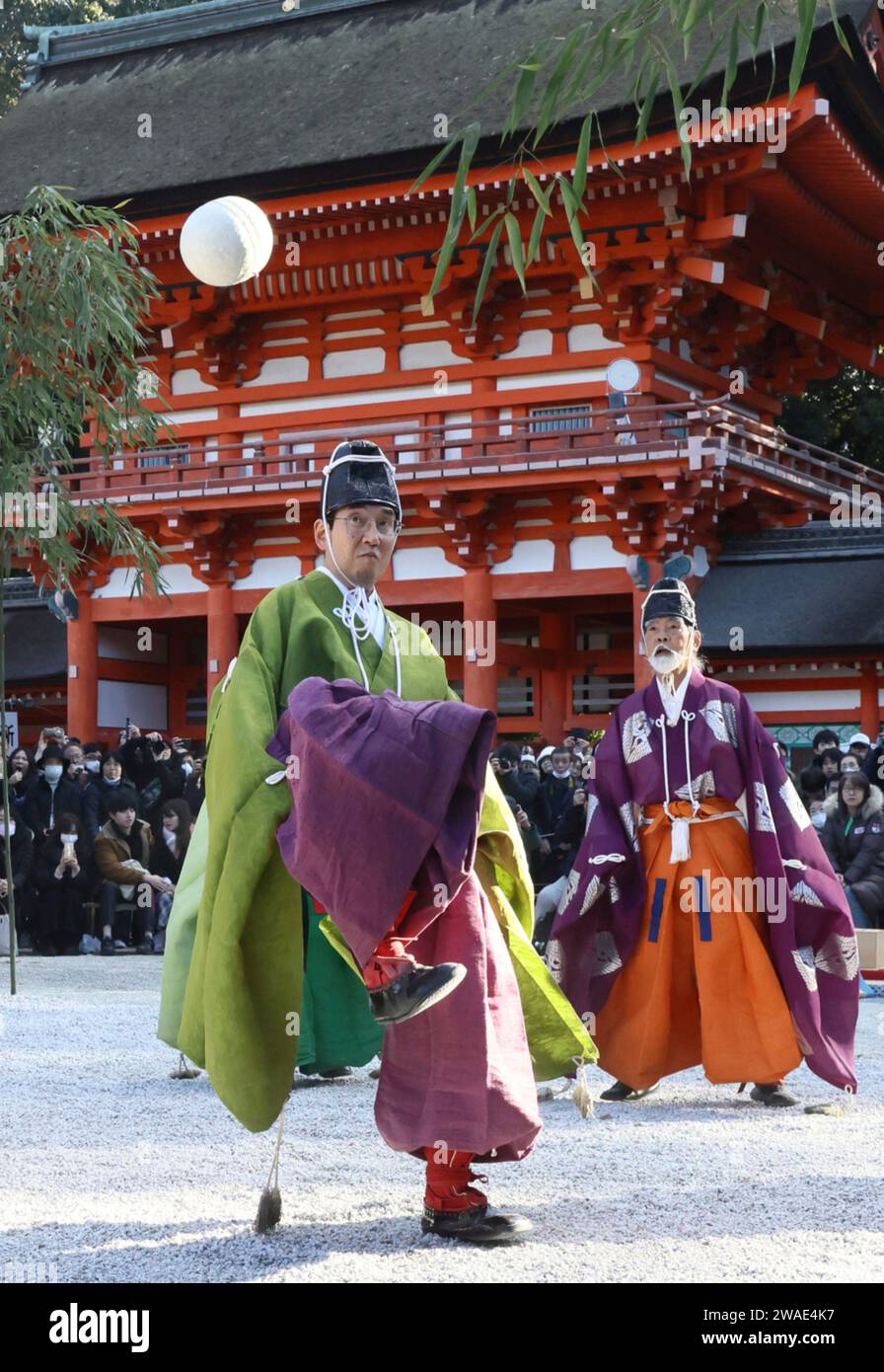 Members in Japanese traditional costume of Kemari preservation group ...