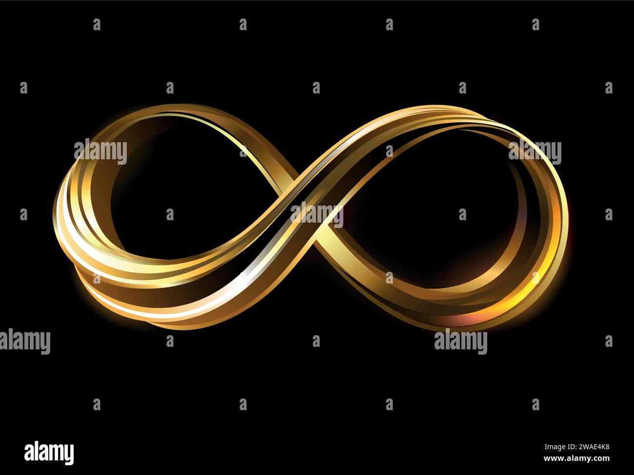 Artistically drawn infinity symbol twisted from layers of sparkling gold on black background ...