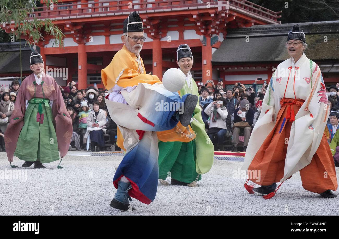 Members in Japanese traditional costume of Kemari preservation group ...
