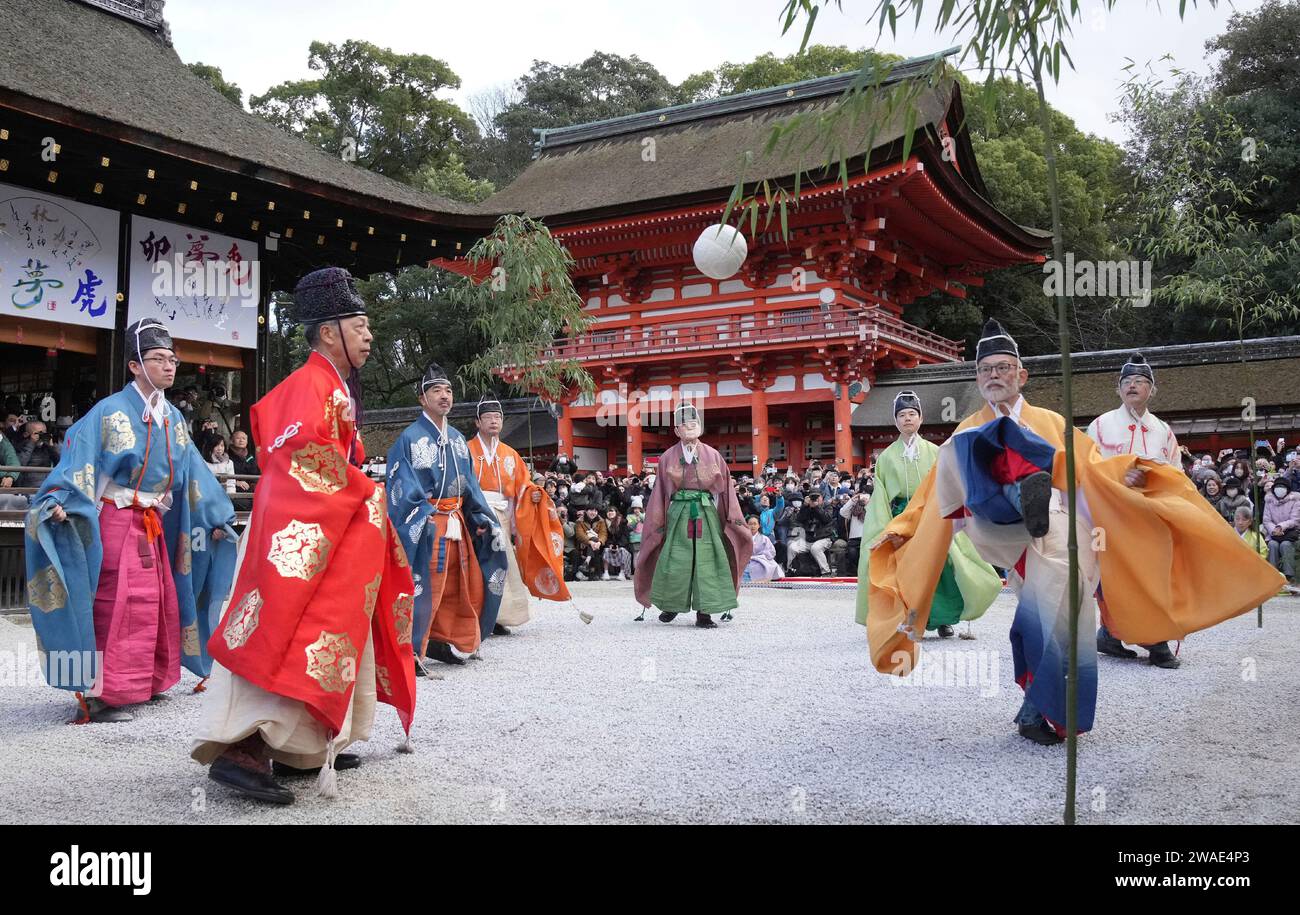 Members in Japanese traditional costume of Kemari preservation group ...