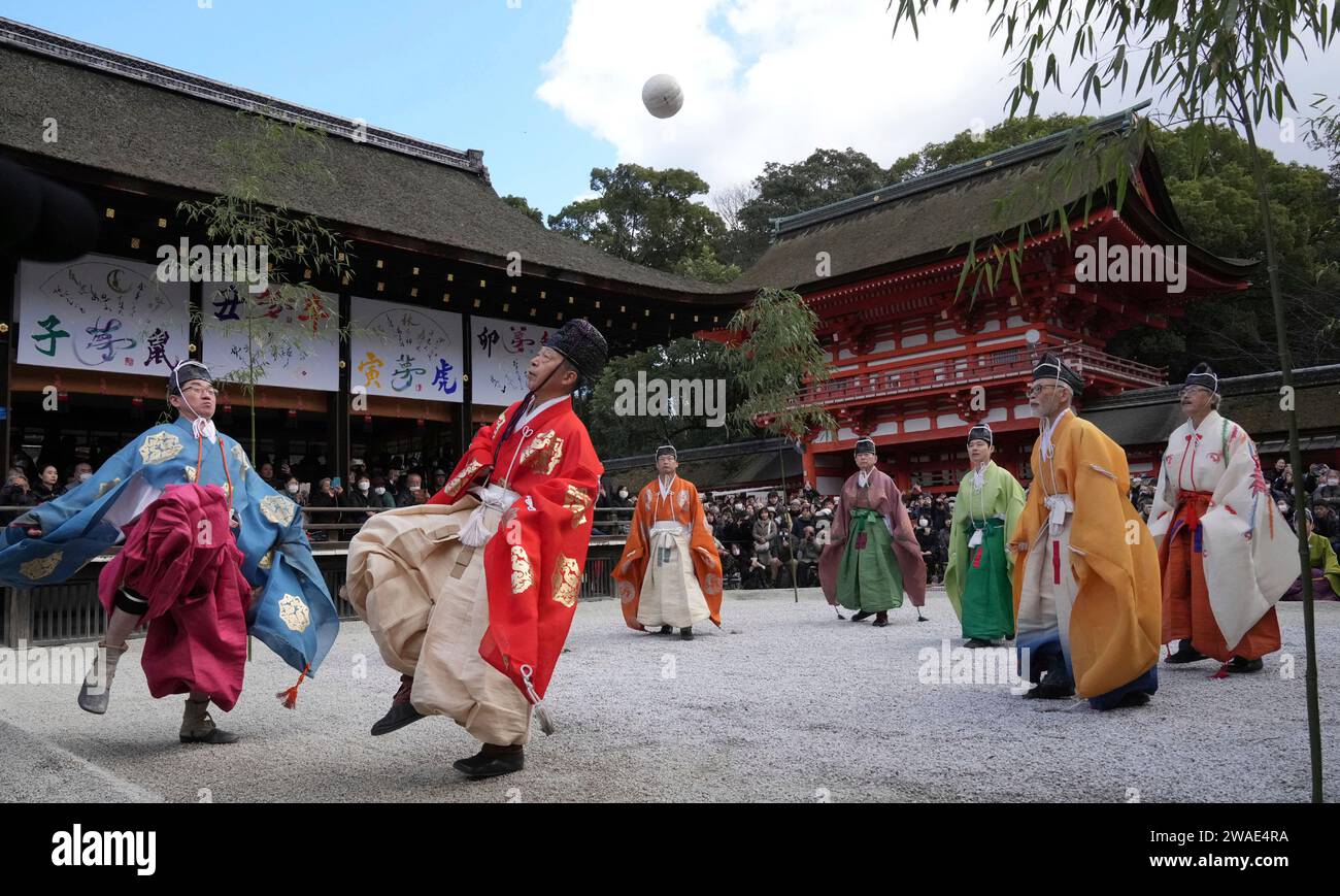 Members in Japanese traditional costume of Kemari preservation group ...