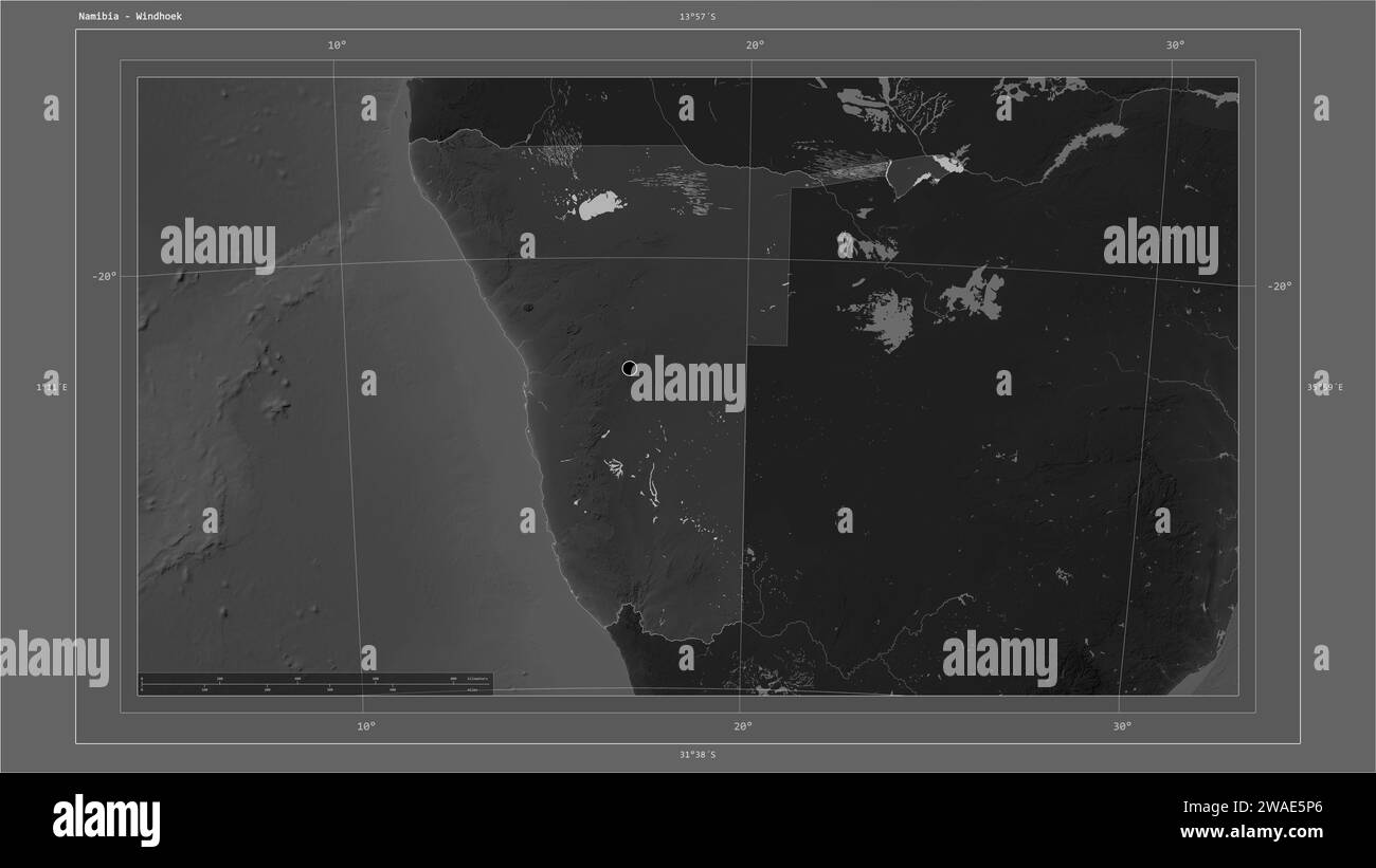 Namibia highlighted on a Grayscale elevation map with lakes and rivers ...
