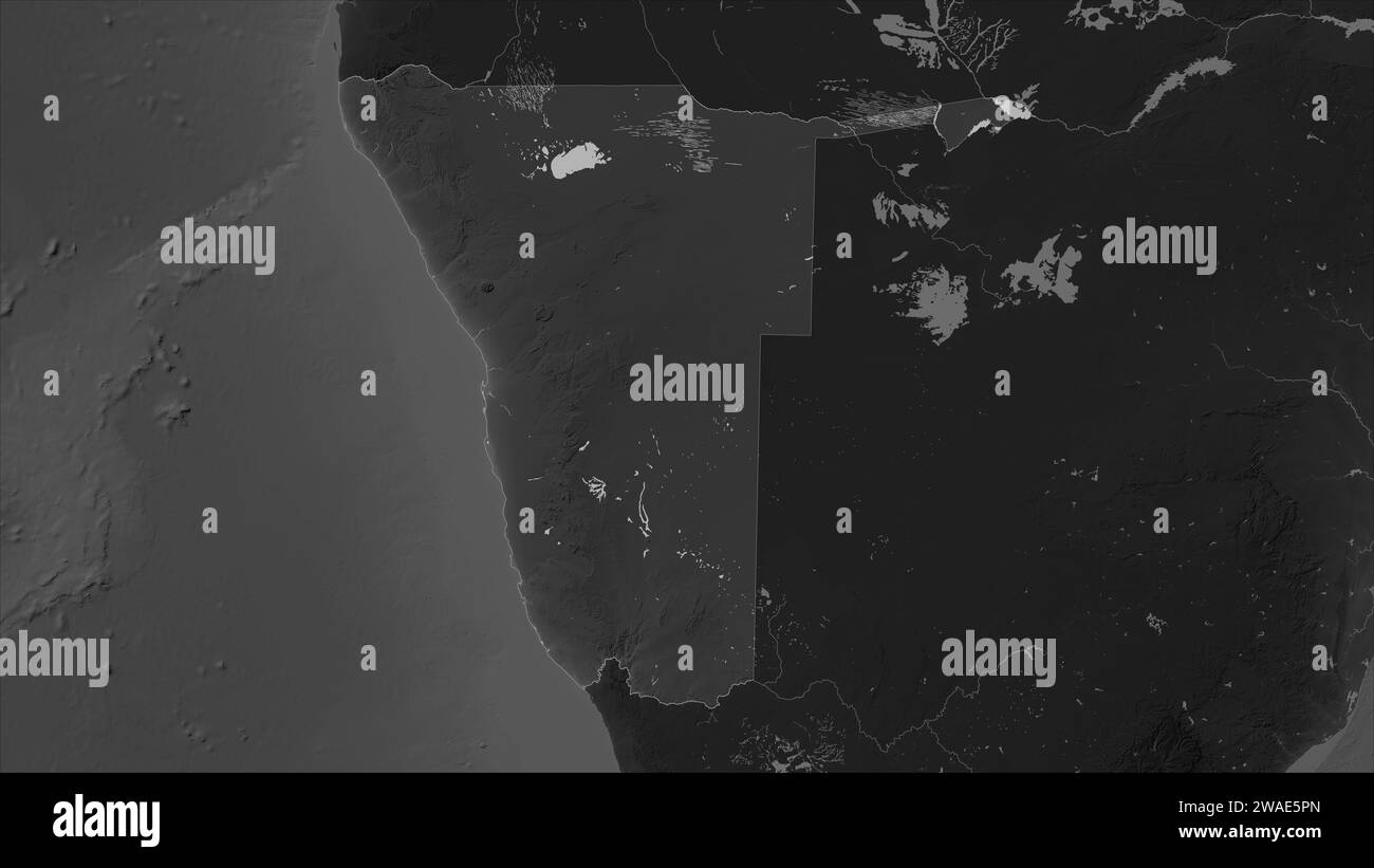 Namibia highlighted on a Grayscale elevation map with lakes and rivers ...