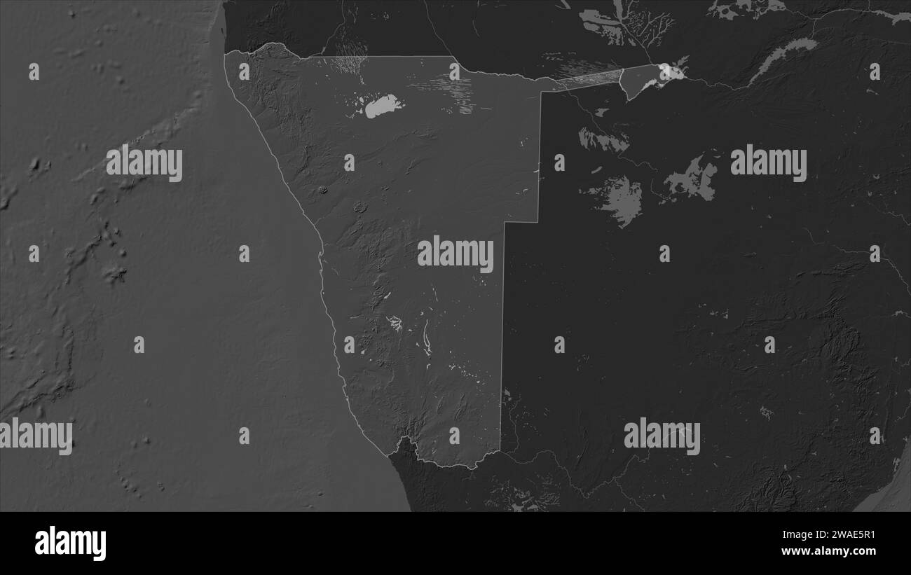 Namibia highlighted on a Bilevel elevation map with lakes and rivers ...