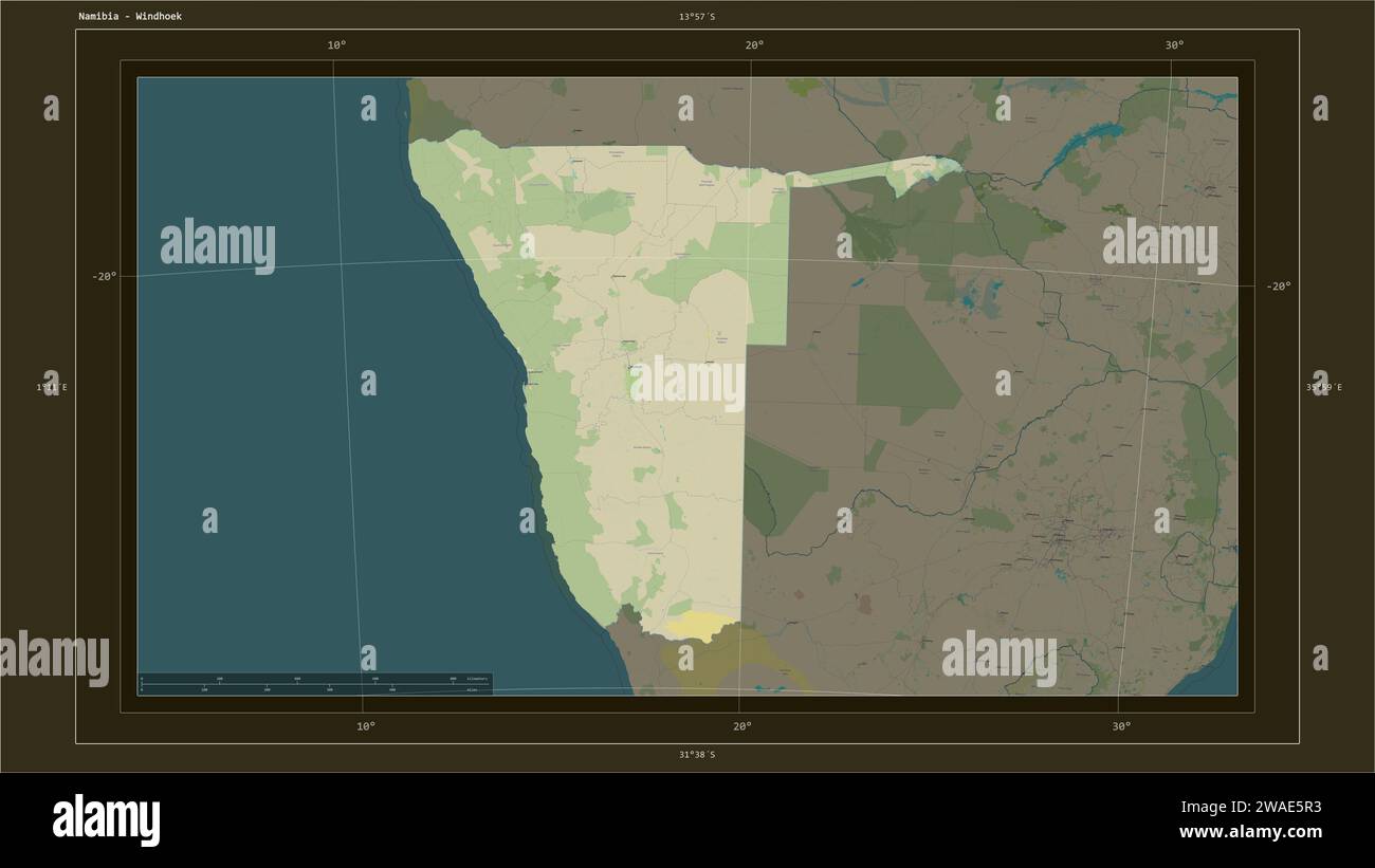 Namibia highlighted on a topographic, OSM Humanitarian style map map ...