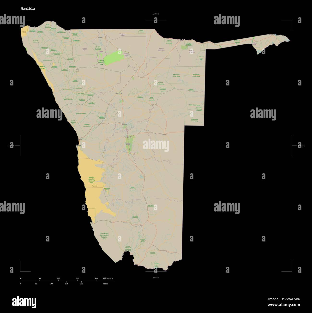 Shape of a topographic, OSM standard style map of the Namibia, with ...