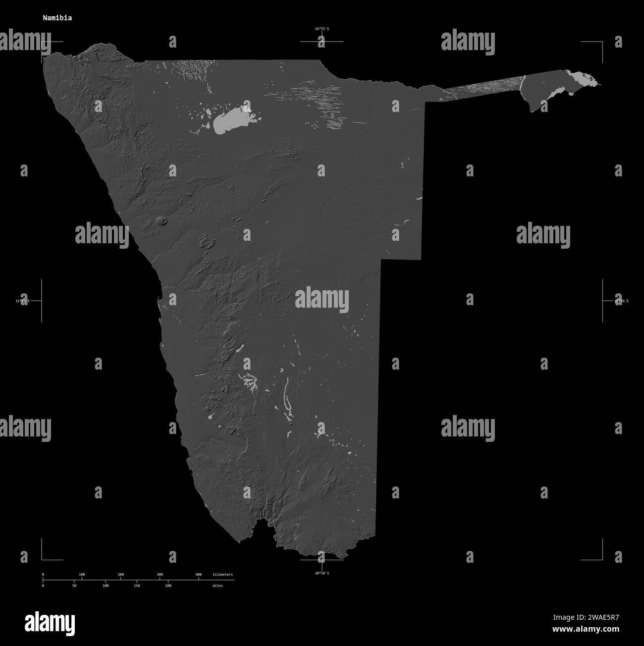 Shape of a Bilevel elevation map with lakes and rivers of the Namibia ...