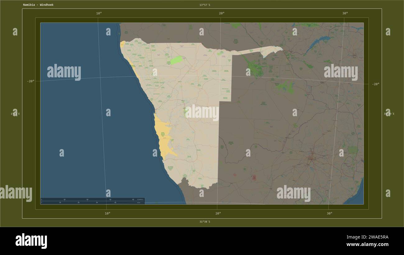 Namibia highlighted on a topographic, OSM standard style map map with ...