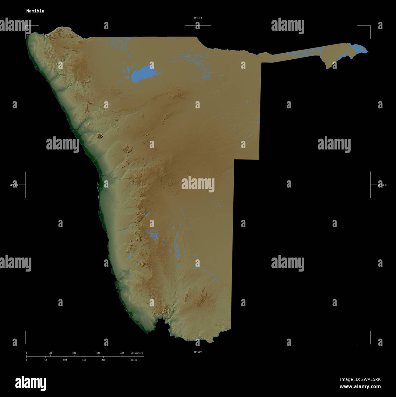 Shape of a Colored elevation map with lakes and rivers of the Namibia ...