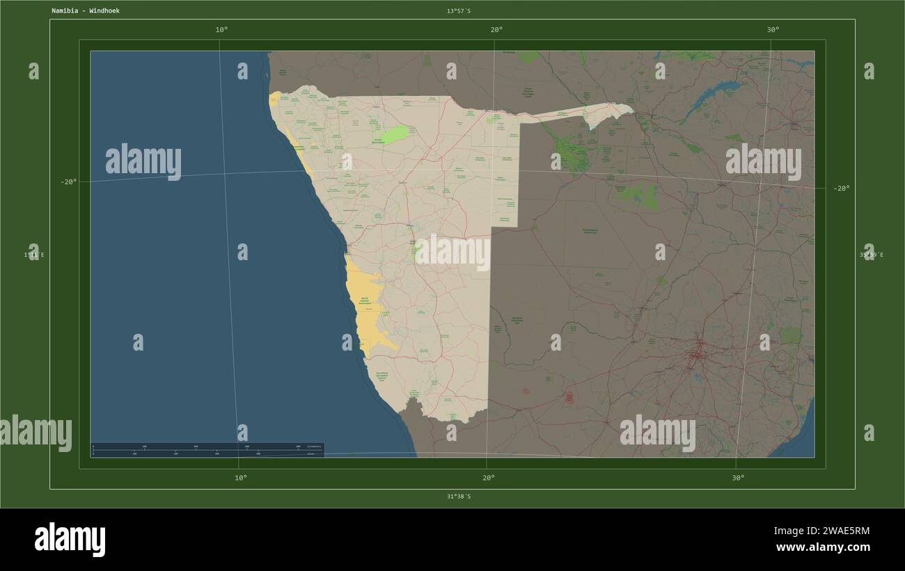 Namibia highlighted on a topographic, OSM Germany style map map with ...