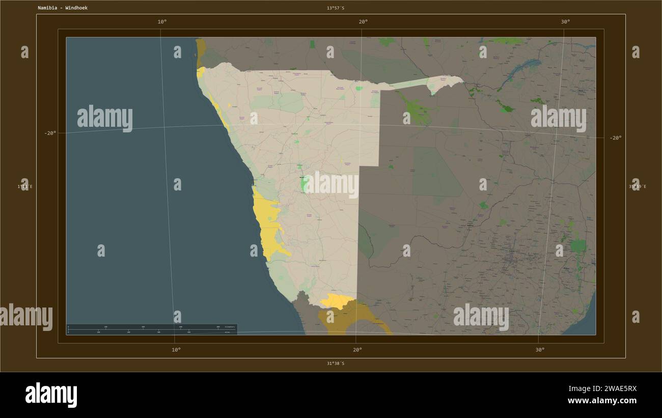 Namibia highlighted on a topographic, OSM France style map map with the ...
