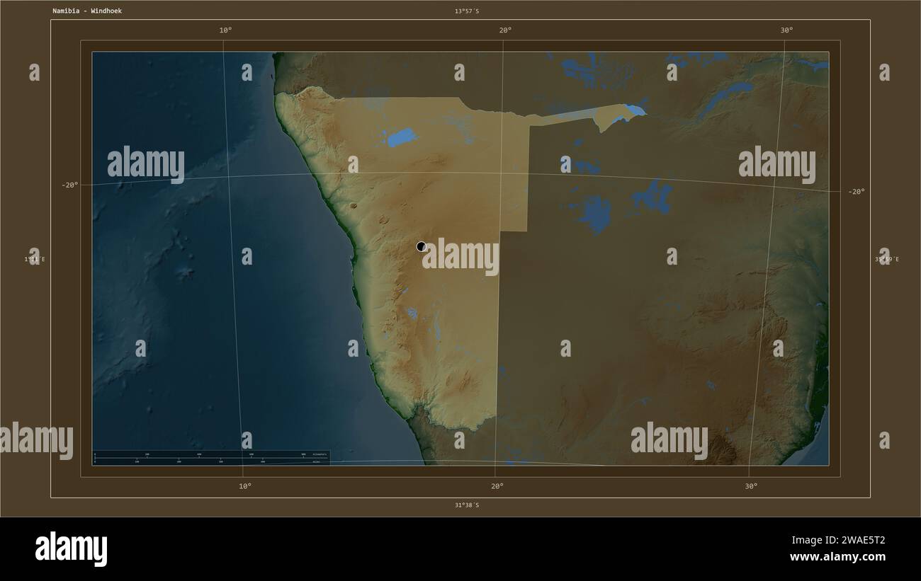 Namibia highlighted on a Colored elevation map with lakes and rivers ...