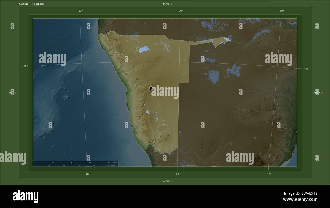 Namibia highlighted on a Pale colored elevation map with lakes and ...