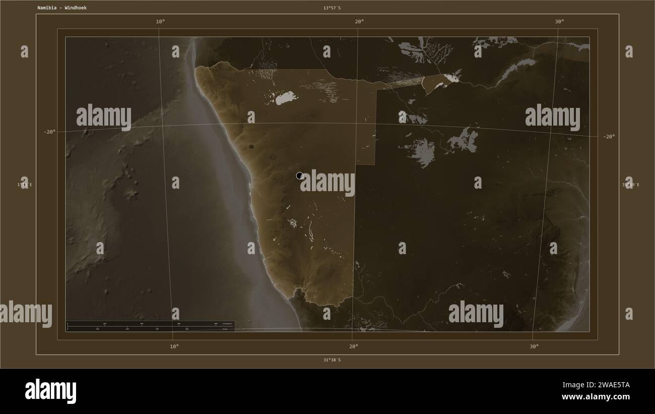 Namibia highlighted on a elevation map colored in sepia tones with ...