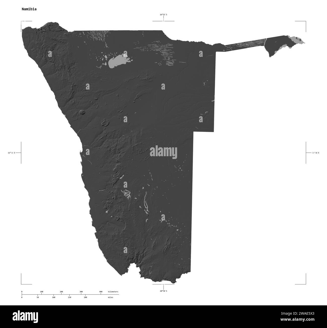 Shape of a Bilevel elevation map with lakes and rivers of the Namibia ...