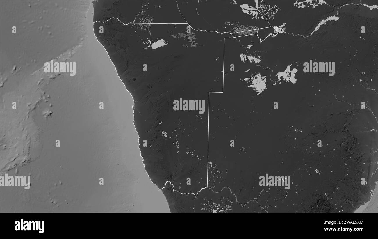 Namibia outlined on a Grayscale elevation map with lakes and rivers ...