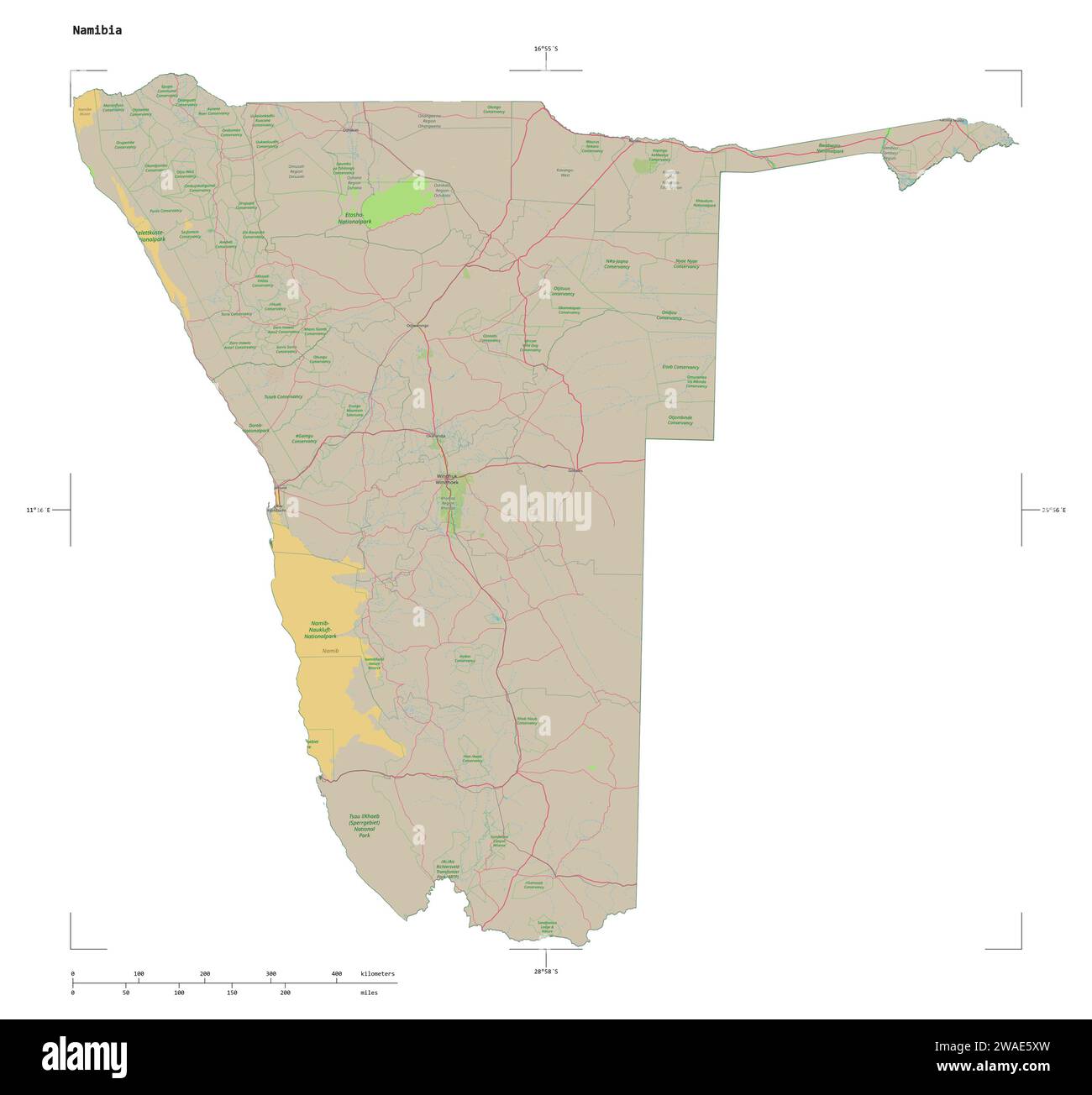 Shape of a topographic, OSM Germany style map of the Namibia, with ...
