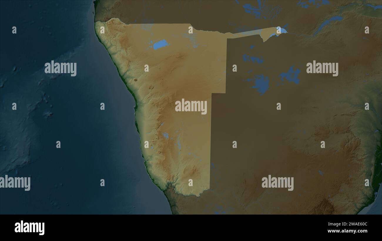 Namibia highlighted on a Colored elevation map with lakes and rivers ...