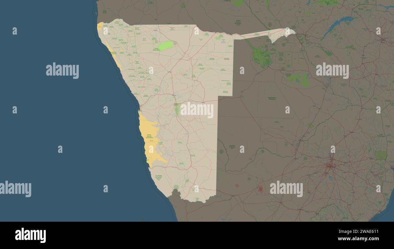 Namibia highlighted on a topographic, OSM Germany style map Stock Photo ...