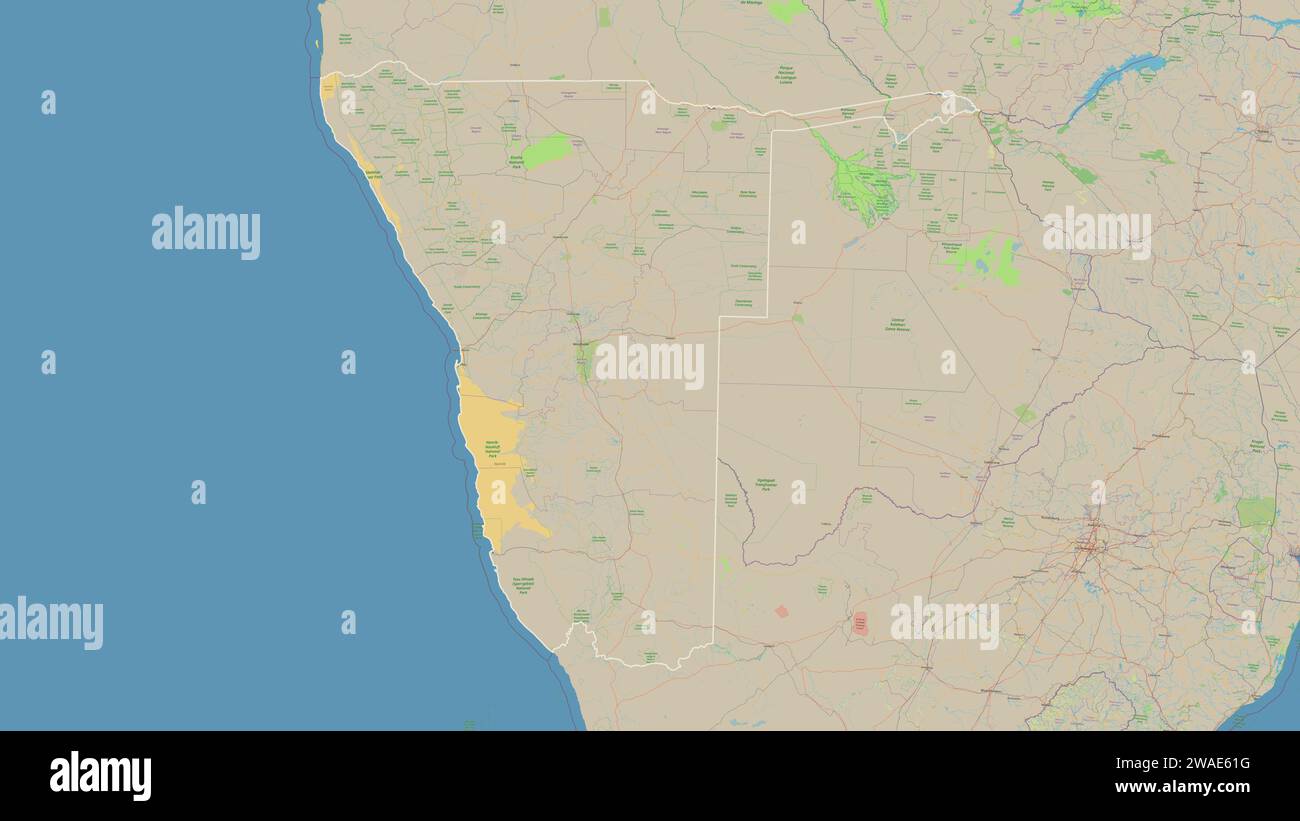 Namibia outlined on a topographic, OSM standard style map Stock Photo ...