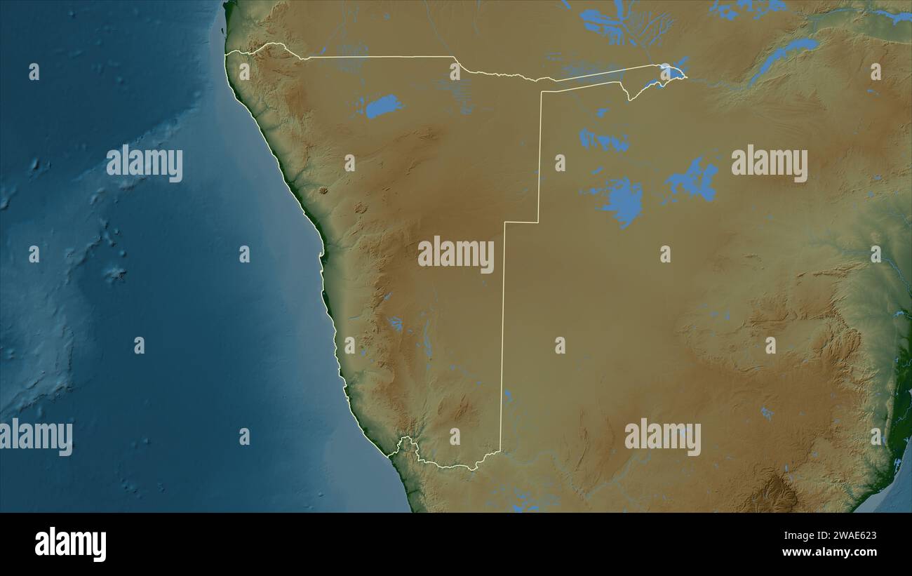 Namibia outlined on a Colored elevation map with lakes and rivers Stock ...