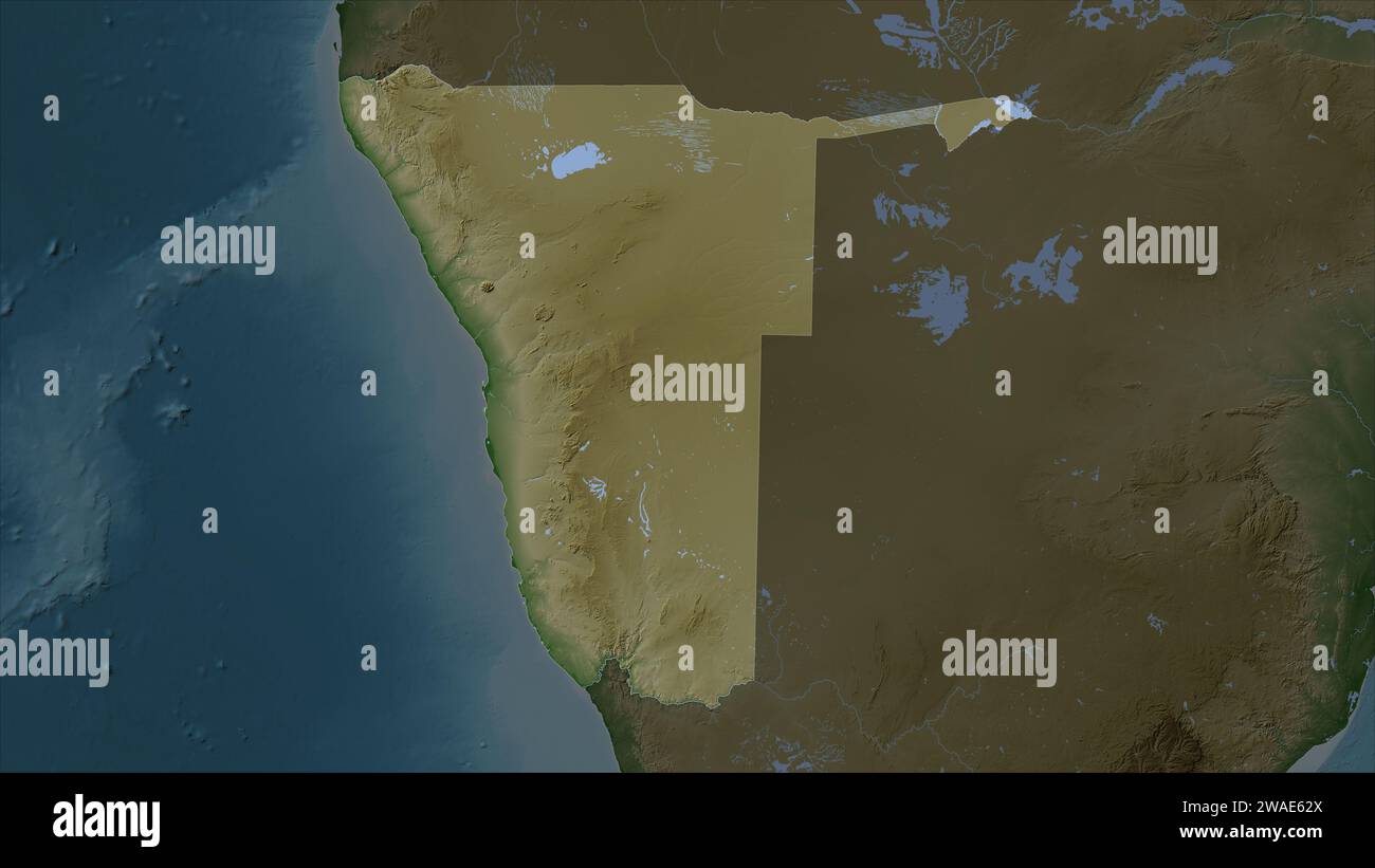 Namibia highlighted on a Pale colored elevation map with lakes and ...
