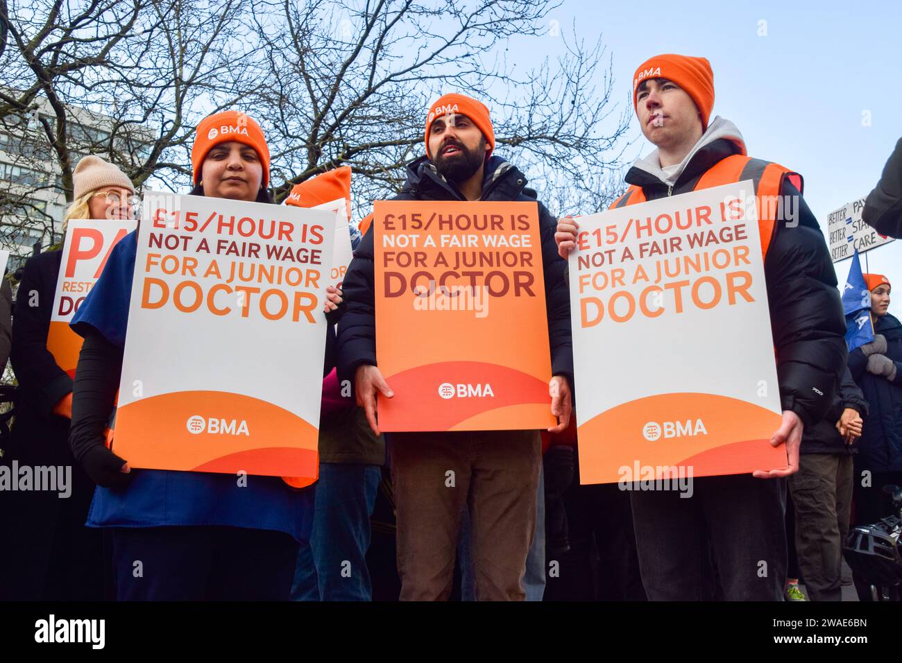 London, England, UK. 3rd Jan, 2024. Picket outside St Thomas' Hospital ...