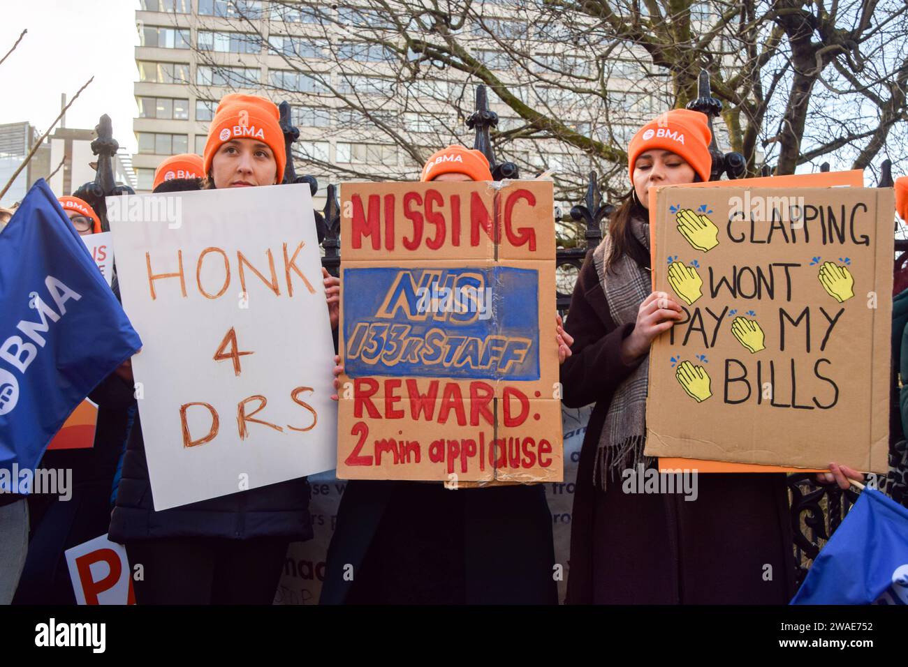London, England, UK. 3rd Jan, 2024. Picket outside St Thomas' Hospital ...