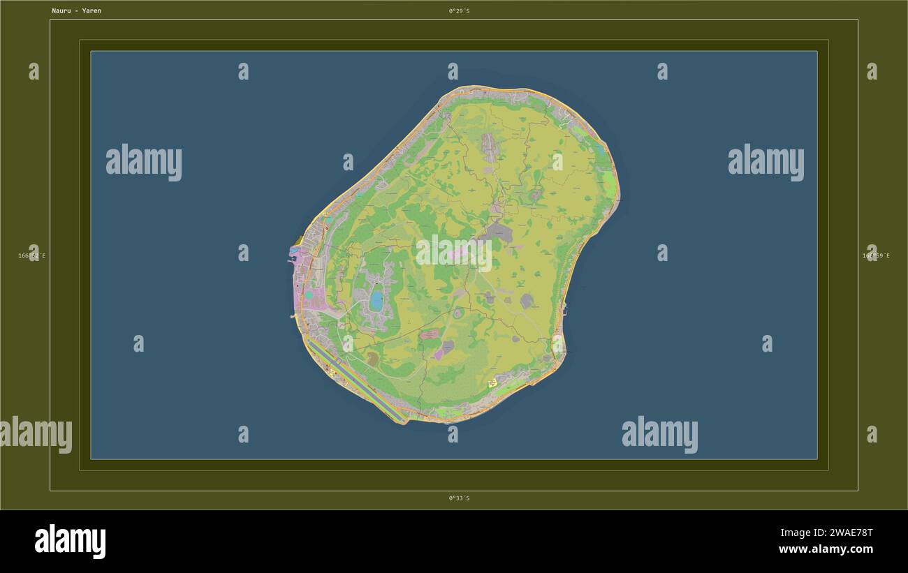 Nauru highlighted on a topographic, OSM standard style map map with the country's capital point ...